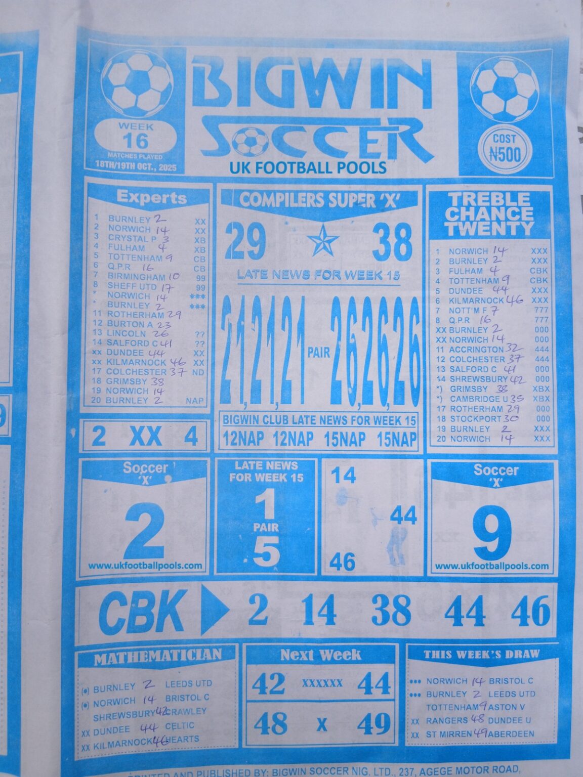 Week 16 Pool Late News Papers 2025: Bigwin Soccer, Pool Telegraph ...